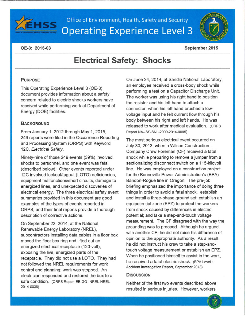 Operating Experience Level 3 - Electrical Safety: Shocks - Electrical ...